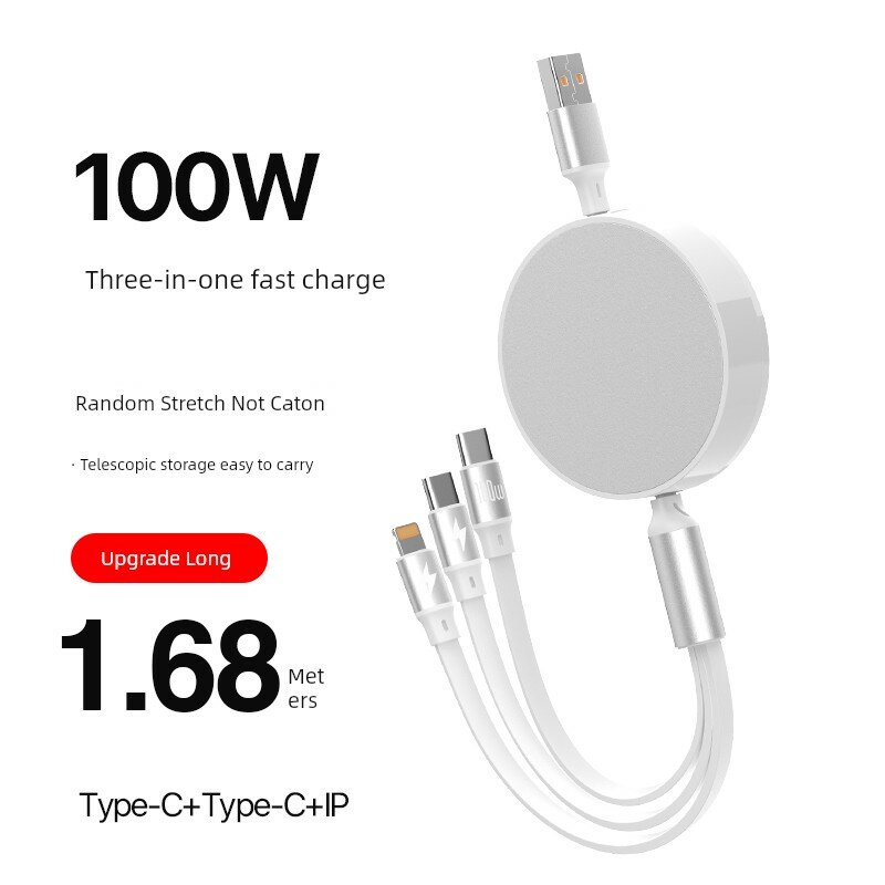 1.68 м Двойной USB-C к USB-C и Lightning 3 в 1, Растяжимый Кабель Зарядки для Huawei, Xiaomi, OPPO, Realme, iPhone -