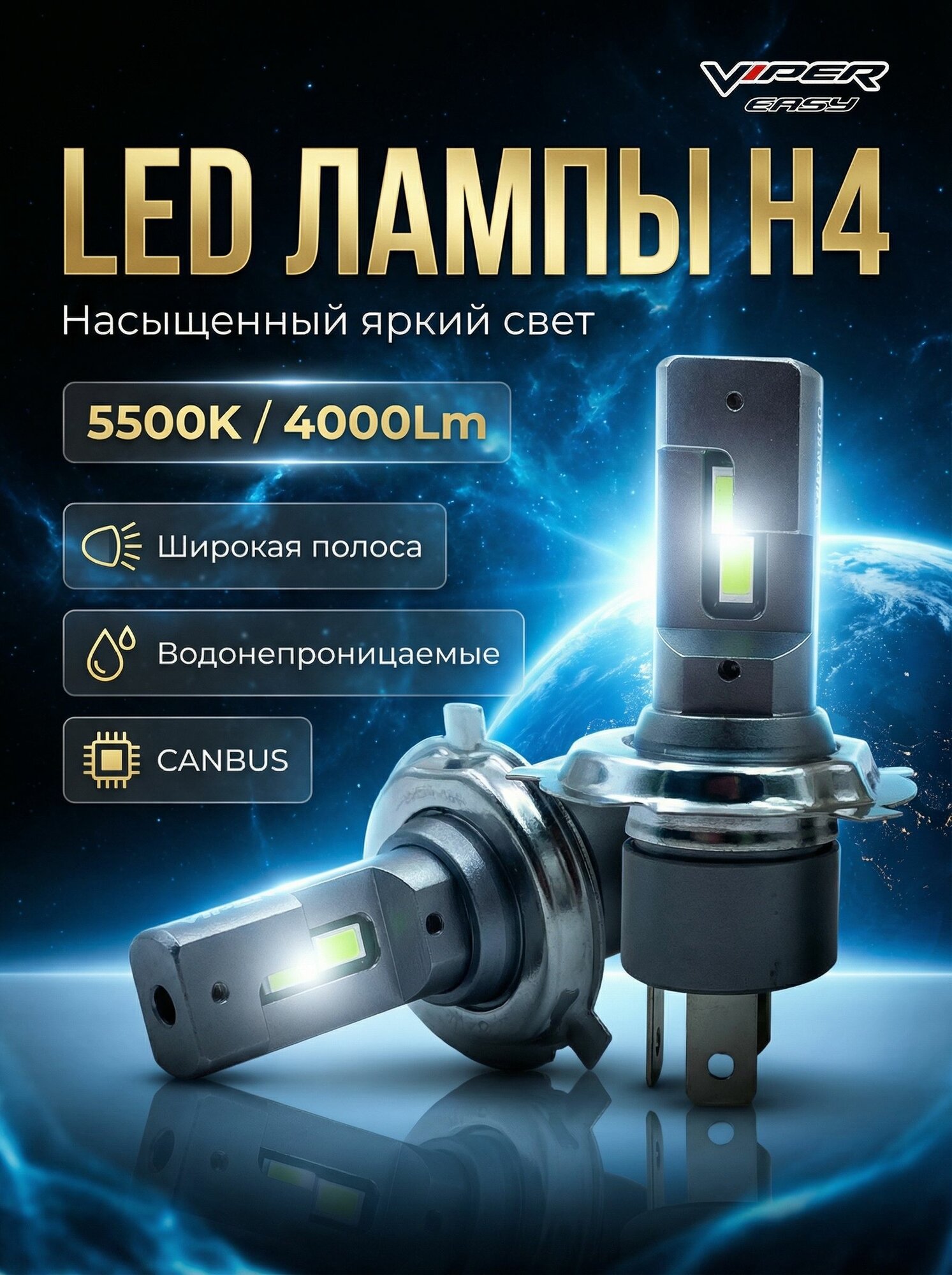 Светодиодные лед лампы H4 с обманкой для Renault Logan 2004-2015 / Рено Логан VIPER EASY LED CANBUS