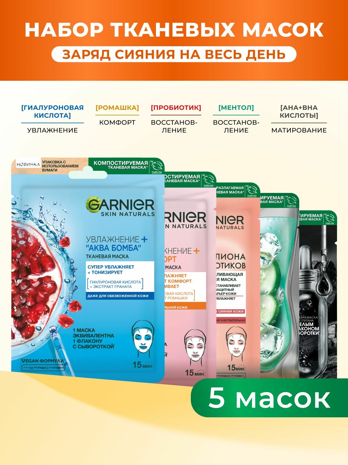Питательные, увлажняющие маски для лица тканевые, набор 5 шт