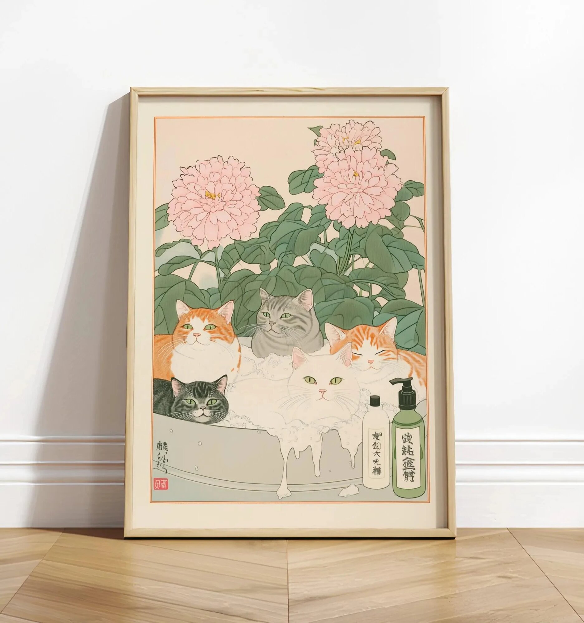 Картина "Японские кошки с пионами", 40x60см, JY740-08