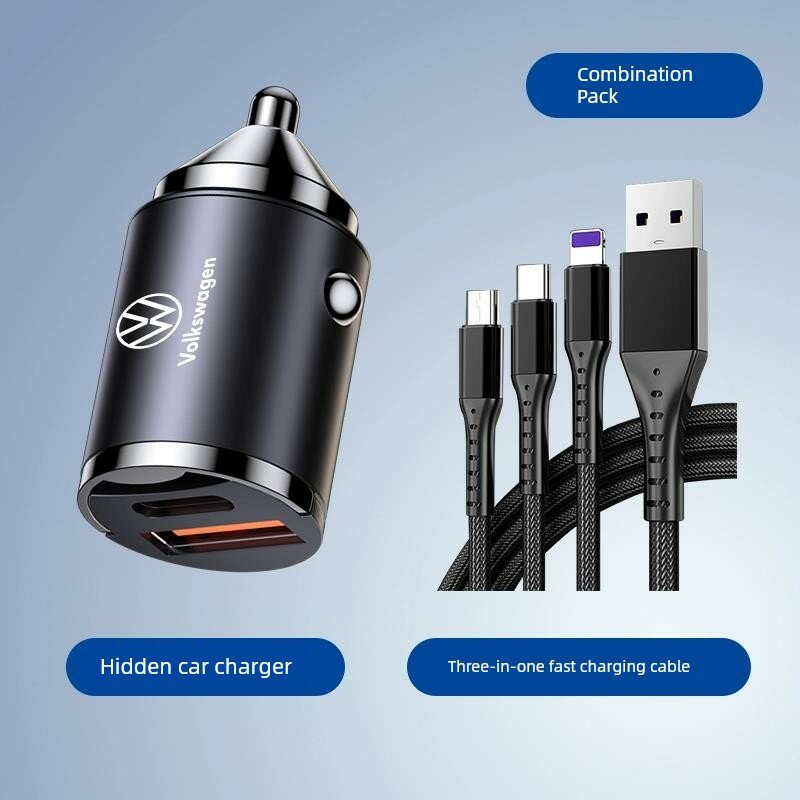 Скрытое автомобильное зарядное устройство для Volkswagen с USB-C 3-в-1 кабелем быстрой зарядки для смартфонов и