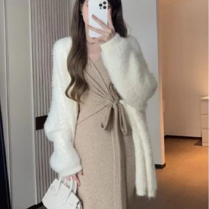 YM Mall 323 Топ с мехом и платье, облегающее длинное тёплое женское зимнее платье