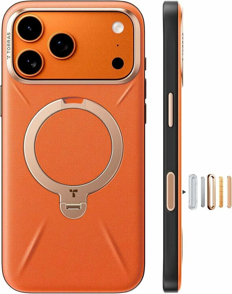 Чехол Torras Premium Leather Pivot для iPhone 17 Pro Max с магнитной вращающейся подставкой, полностью закрывает кнопки камеры, ультратонкий.