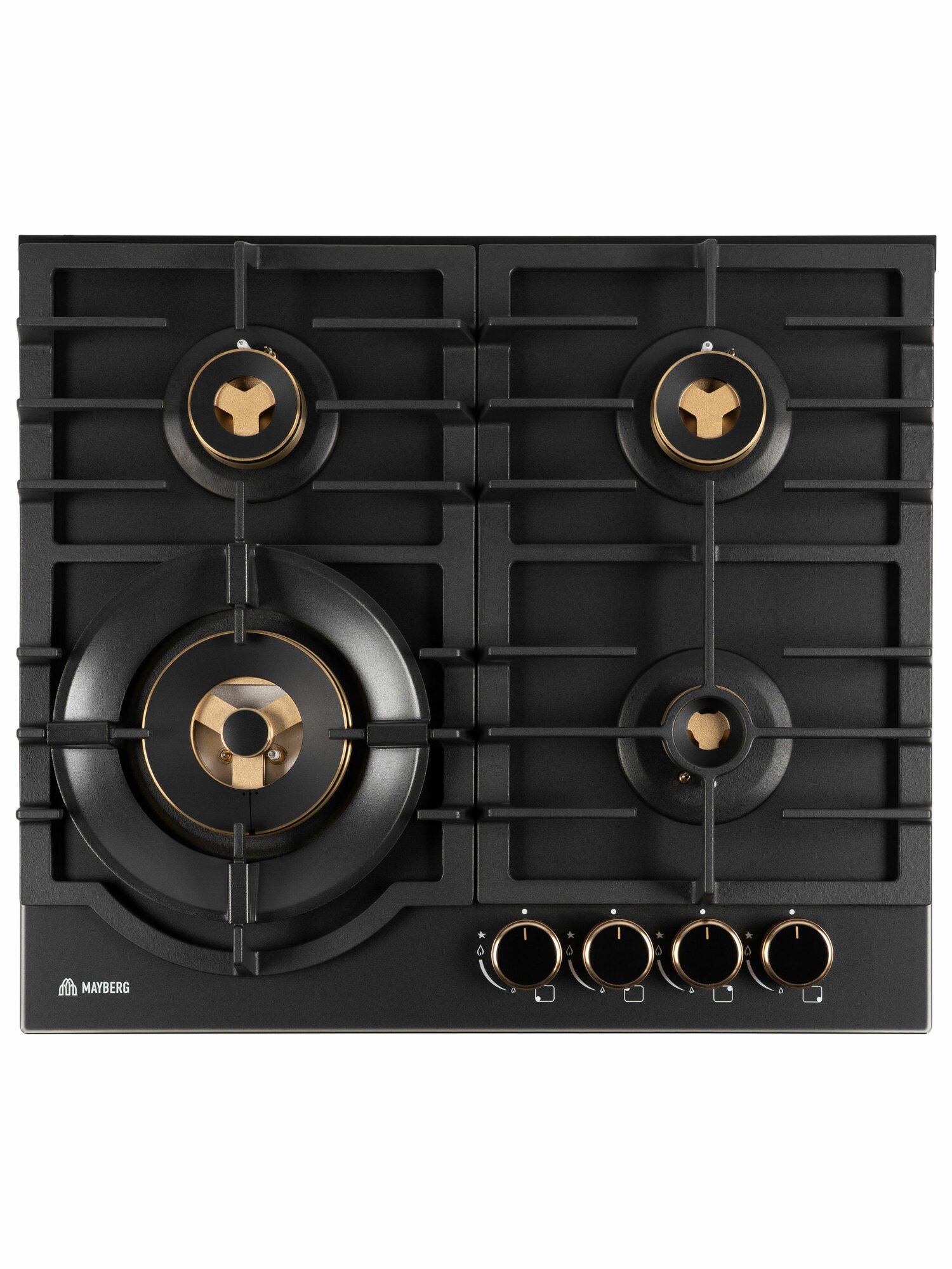 Газовая варочная панель , 60см. , стекло , PREMIUM, горелки Volcano BRASS WOK Burner, электроподжиг, газ-контроль , чугунная решетка , MAYBERG