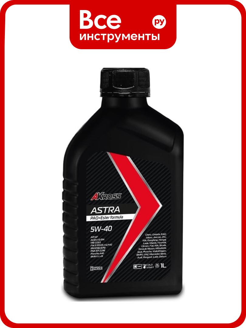 Моторное синтетические масло AKross Astra 5W-40 API SP ACEA А3/В4 PAO+Ester 1 л AMO0055, добавлением ПАО и эстеров
