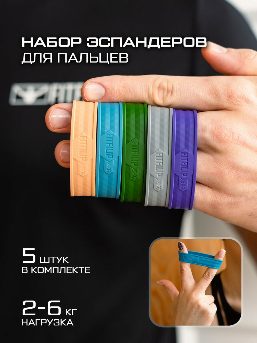 Набор эспандеров резинок для пальцев FITFILIP PUL, 2–6 кг, 5 шт