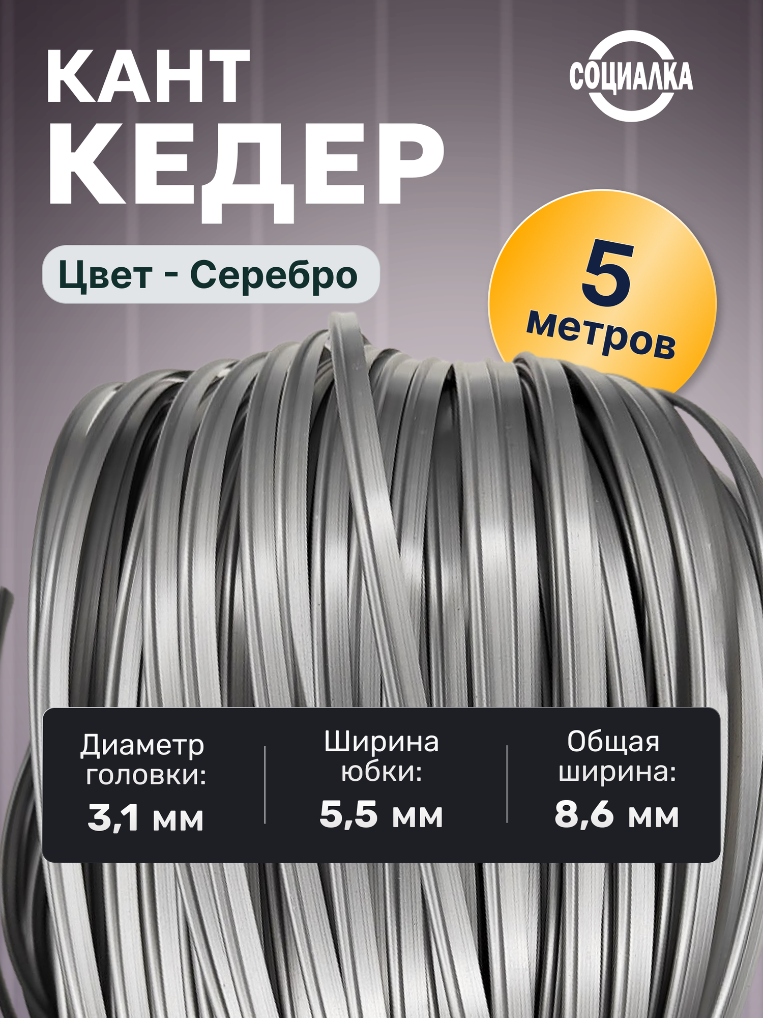 Кедер ( кант, жилка) для сумок, авточехлов и одежды, намотка 5м, серебро/размер: ширина головки 3,1мм; длина юбки 5.5мм
