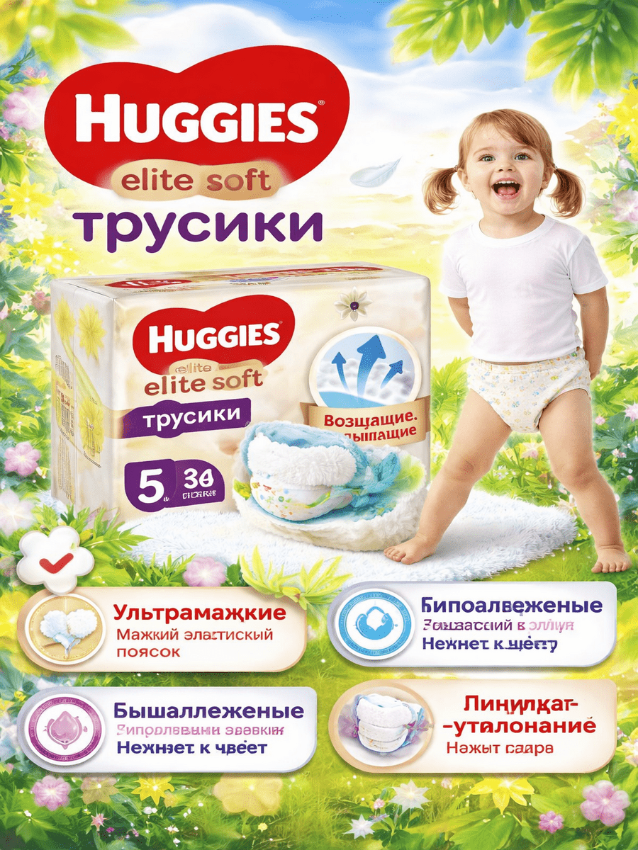 Подгузники-трусики Huggies Elite Soft 5 размер 12-17кг, 34шт