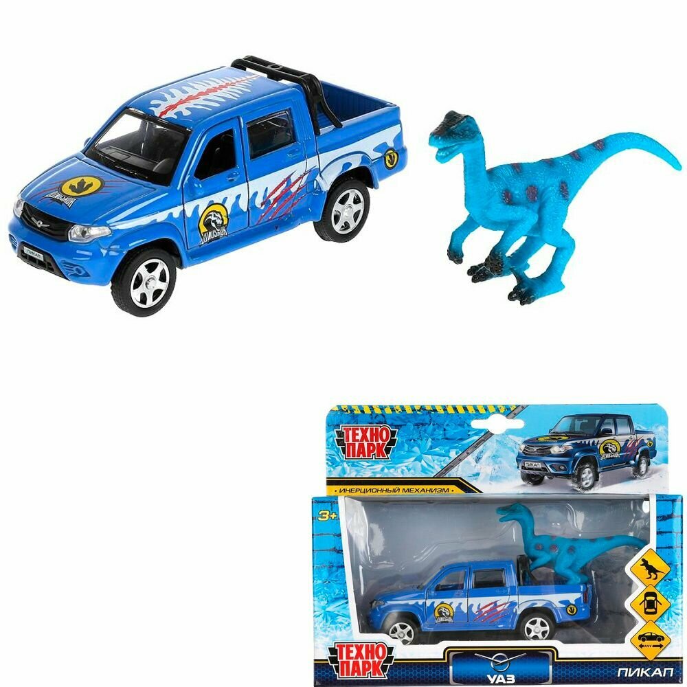 Машинка Технопарк УАЗ Пикап Динозавр, синий, арт. PICKUP-12SNOW-DINO