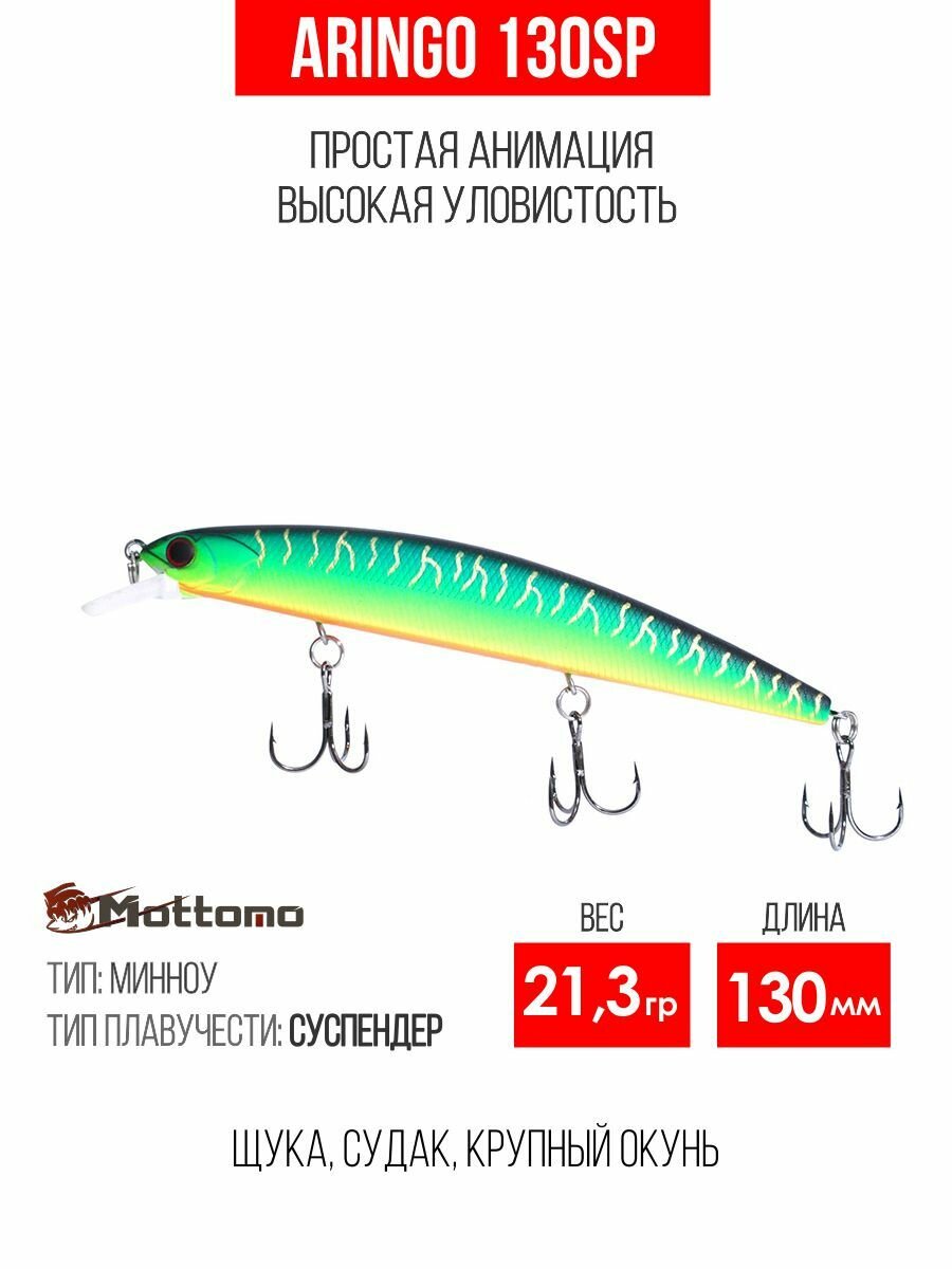 Воблер для рыбалки Mottomo Aringo 130SP 21,3g Ghost Tiger, минноу нейтральный для спиннинга. Приманка на щуку, судака, сома