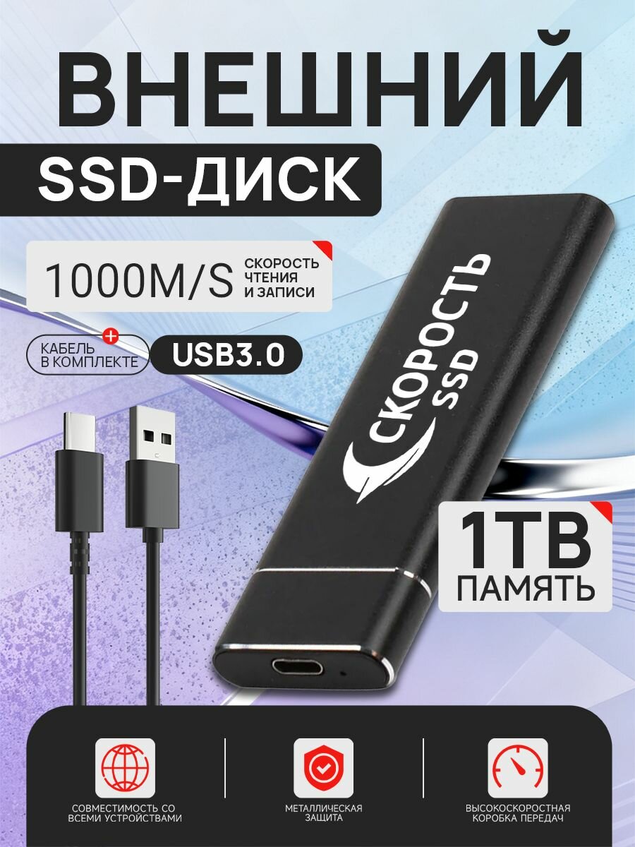 Скорость 1 ТБ Внешний жесткий диск Внешний жесткий диск (Внешний SSD-диск, USB 3.1, черный), Металл, Силикон, черный матовый, черный