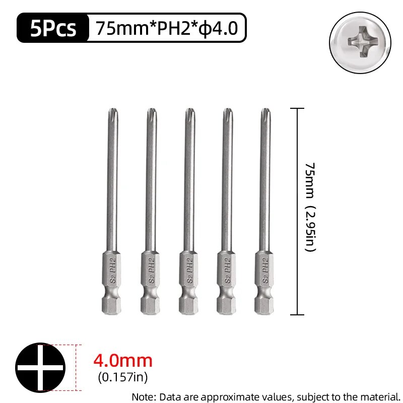 Стальные магнитные отвертки PH0 PH1 PH2 S2 75 мм 5Pcs PH2 75mm 4.0