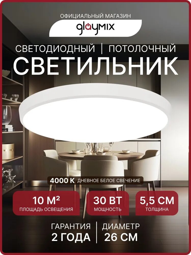 Светильник потолочный светодиодный 30 Вт / люстра для кухни, гостиной комнаты, спальни, ванной, гаража, детской, прихожей / накладной круглый настенный