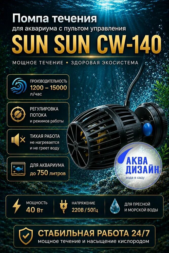 Помпа течения для аквариума с пультом управления SunSun CW-140 (1200-15000 лит/час, акв. до 800л.)