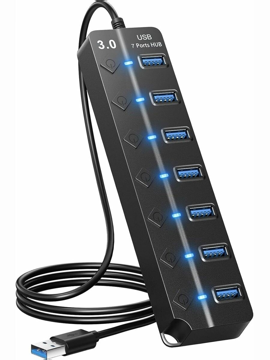 7-портовый USB 3.0-концентратор с индивидуальными выключателями USB-разветвитель со скоростью передачи данных 5 Гбит/с для ноутбуков, ПК, настольных компьютеров, MacBook, клавиатур