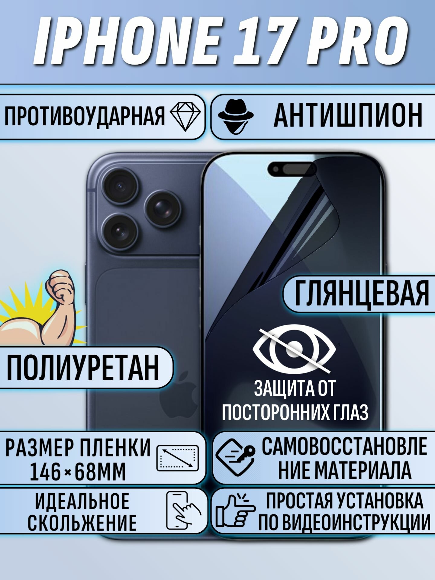 Гидрогелевая пленка iPhone 17 Pro / Айфон 17 Про Антишпион полиуриетановое броне покрытие