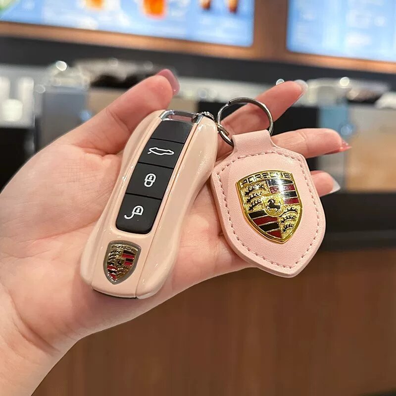 Розовый чехол для ключа Porsche с кожаным ремешком подходит для моделей Cayenne Macan 718 Panamera Taycan