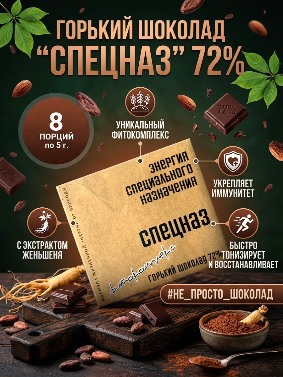 Шоколад "СпецНаз" с энергетическим фитокомплексом, женьшенем и зеленым кофе 72%, 8 шт. по 5 гр.