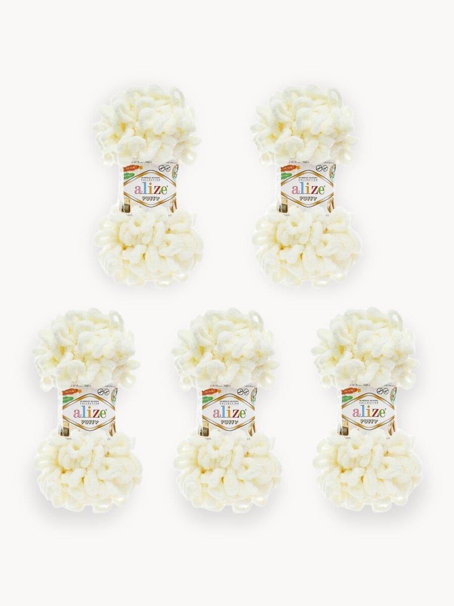 Пряжа для вязания руками с готовыми петлями ALIZE 'Puffy' 100г, 9м (62 молочный), 5 мотков