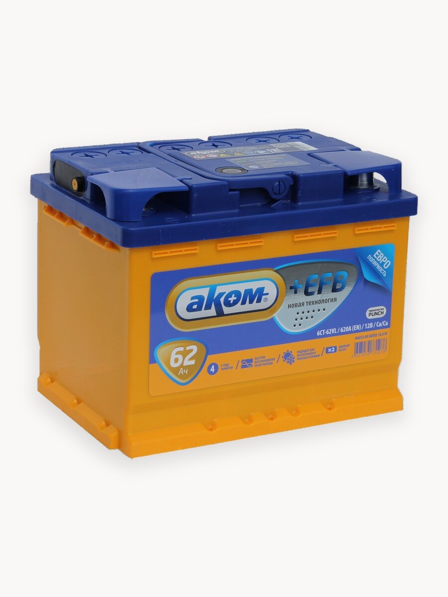 Аккумулятор AKOM EFB 62 Ач 620 А (242х175х190) обратная полярность