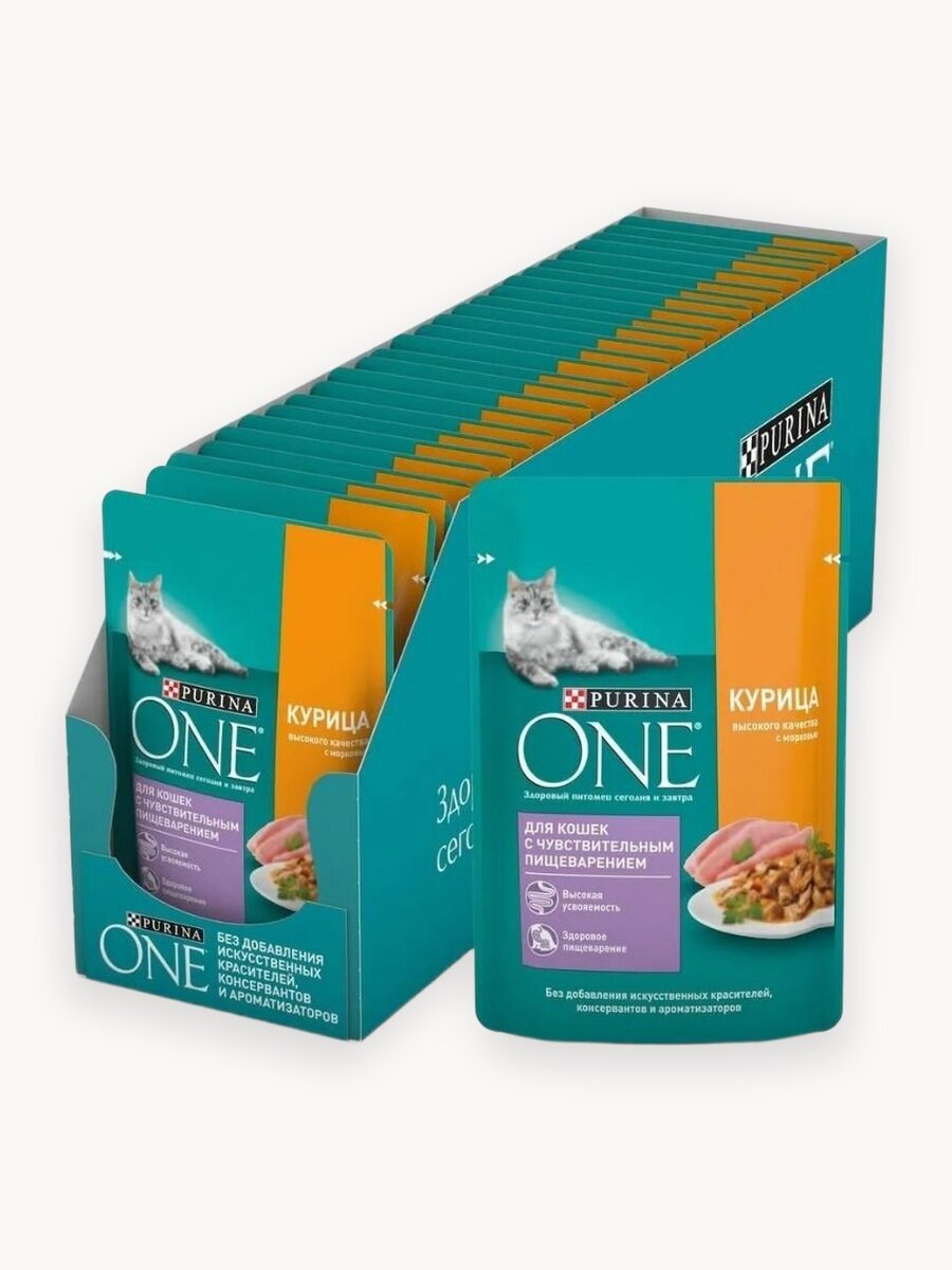 Влажный корм Purina One пауч для кошек с чувствительным пищеварением Курица, 75 г х 26 шт.