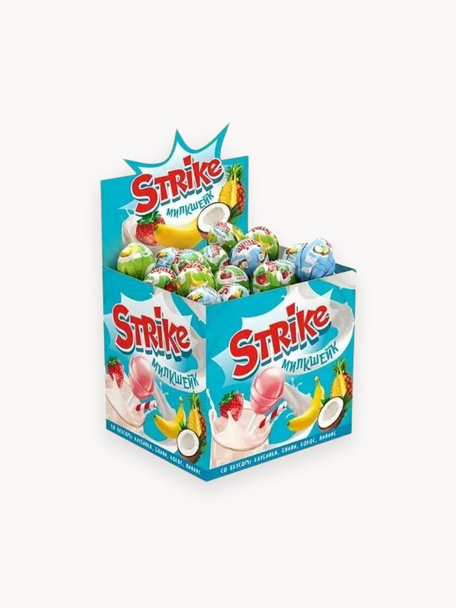 Strike , карамель на палочке Милкшейк , 11,3 г (упаковка 50 шт) Микс вкусов: клубничный, банановый и кокосово-ананасовый коктейли.