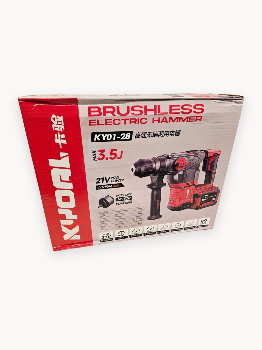 Мощный аккумуляторный перфоратор Kyoal KY01-28, бесщеточный двигатель, 21V, 2х6Ач, 3,5Дж, кейс