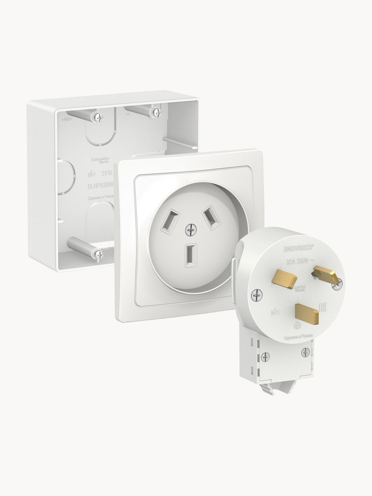 Комплект силовой Systeme Electric Blanca 32А 250В: розетка, вилка, подъемная коробка белый