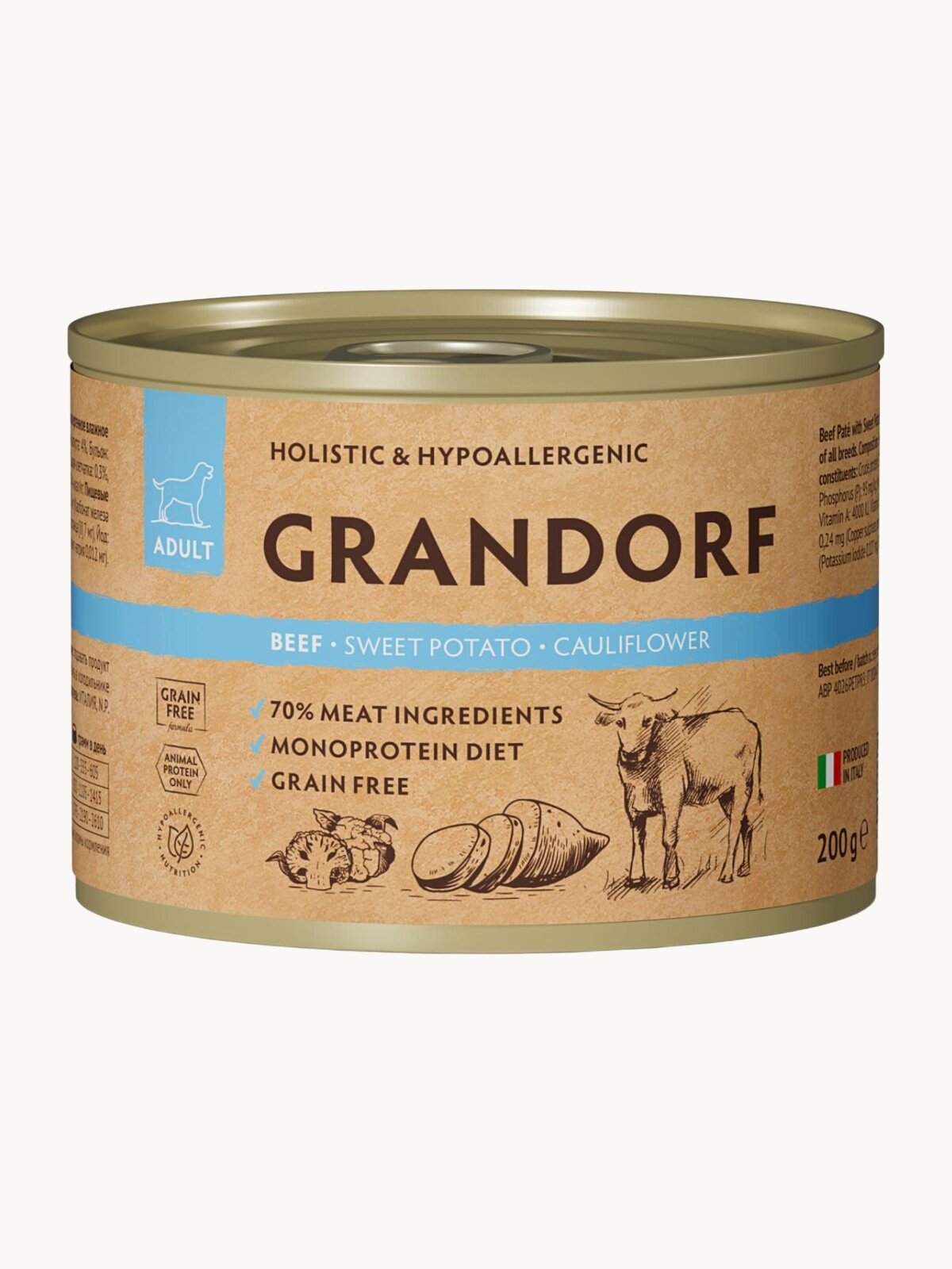 Влажный корм Grandorf монопротеиновый паштет для взрослых собак всех пород Говядина, батат, цветная капуста, 200 г.