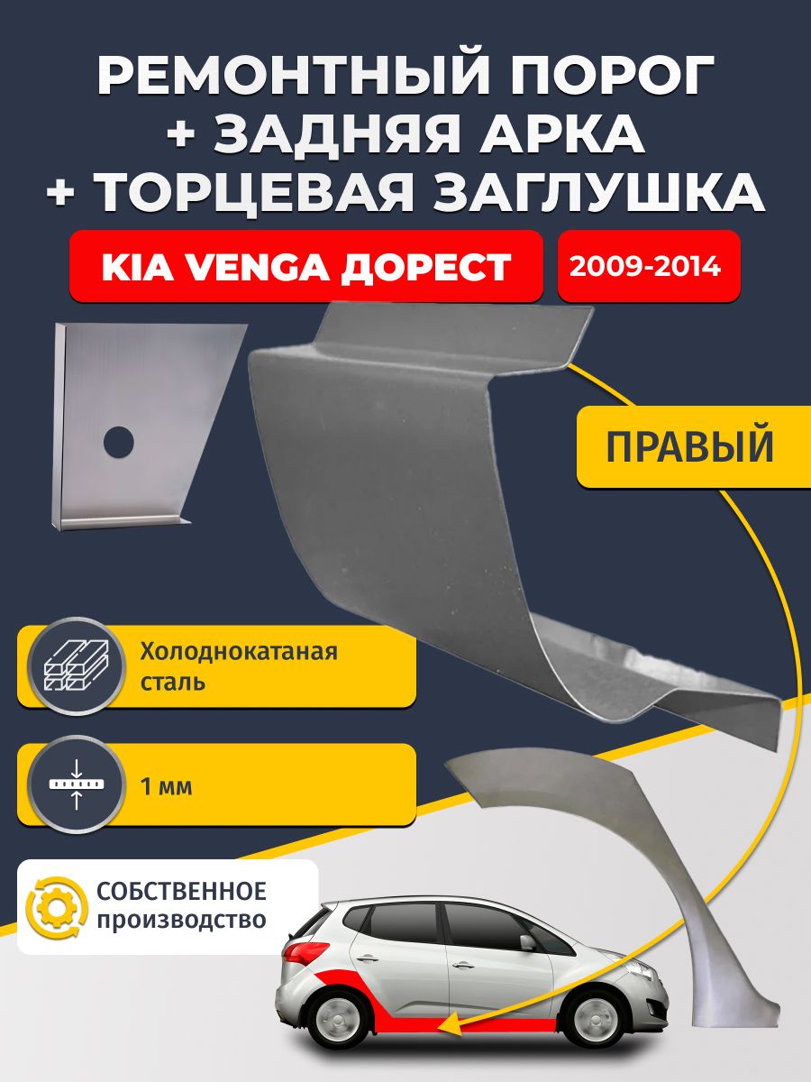 Правая задняя ремонтная арка (0,8 мм) и правый стандартный ремонтный порог (1 мм) + торцевая заглушка (1 мм) на KIA Venga дорест 2009-2014 (КИА Венга). Холоднокатаная сталь