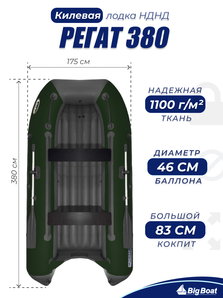 Надувная, под мотор, килевая лодка из ПВХ для рыбалки Regat (Регат) 380 НДНД
