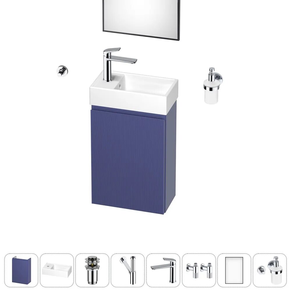 Подвесная тумба с раковиной в ванную Wellsee WC Area 20216954R в наборе 9 в 1: тумба (матовый синий), раковина, донный клапан, сифон, смеситель, вентили, зеркало, аксессуары (цвет набора хром)