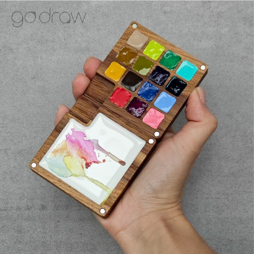 Палитра деревянная с креплением на скетчбук для акварели гуаши. Походная