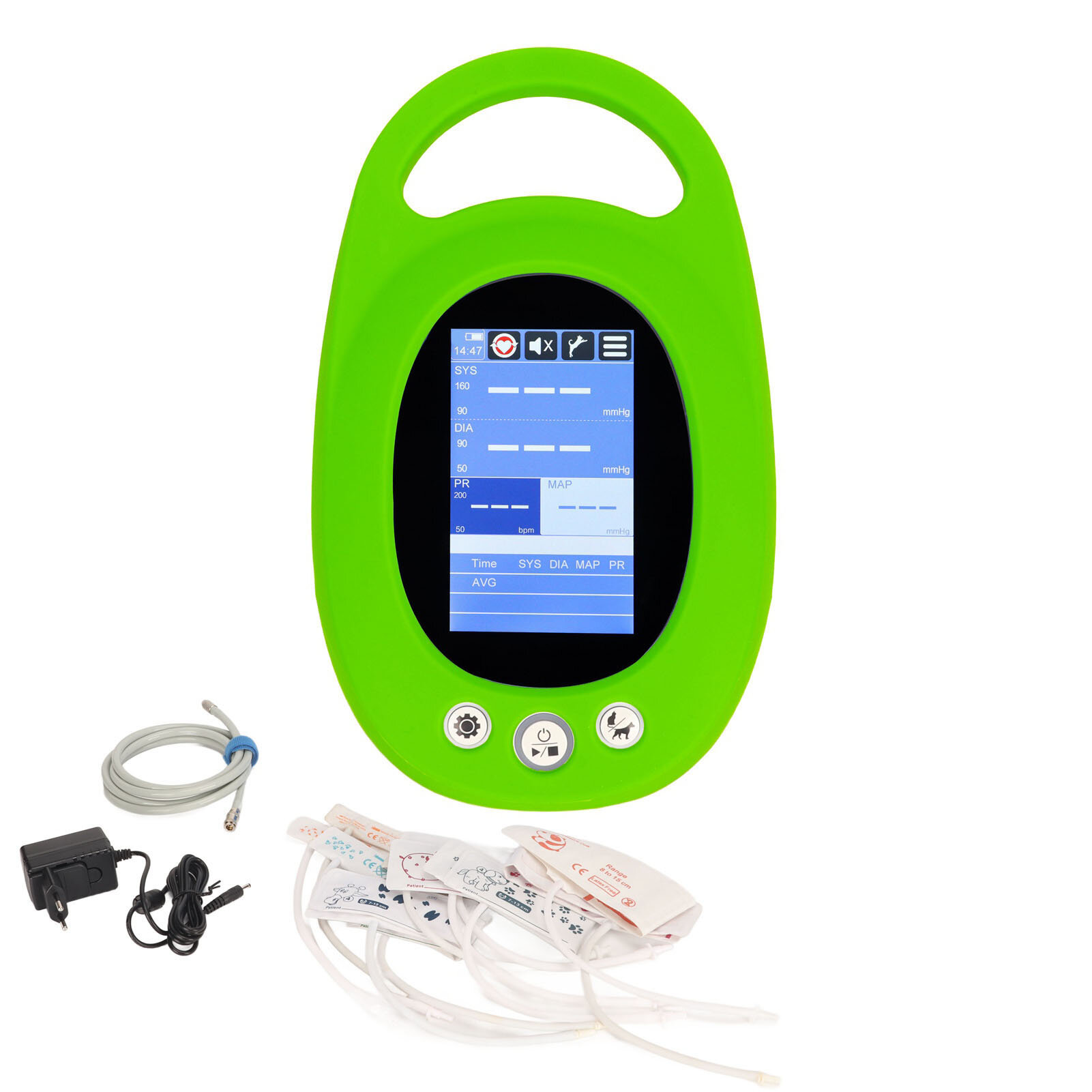 Ветеринарный непрерывный монитор жизненно важных функций, сенсорный экран, ветеринарный монитор артериального давления для домашних животных, кошек, собак, вилка европейского стандарта, 100‑240 В, зеленый