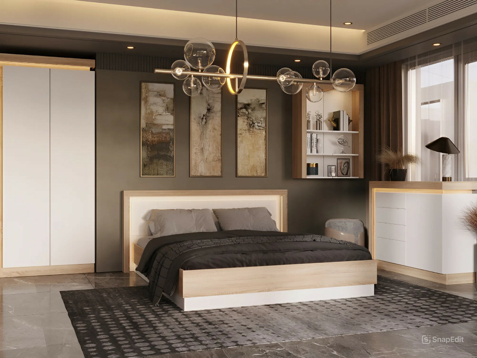 Модульная Спальня, композиция 3, Белый глянец/Сонома (подсветка)