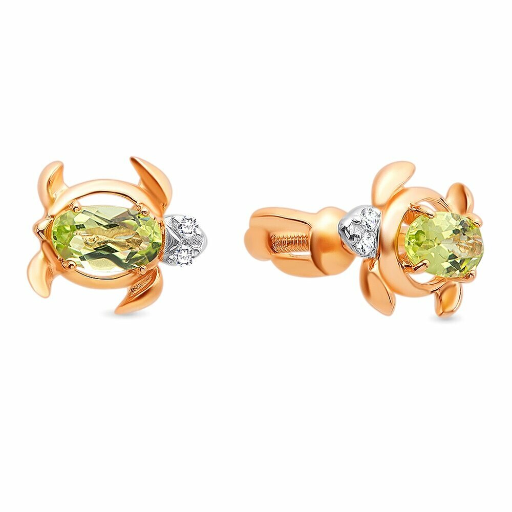 Серьги пусеты, красное золото, 585 проба, родирование, фианит, хризолит