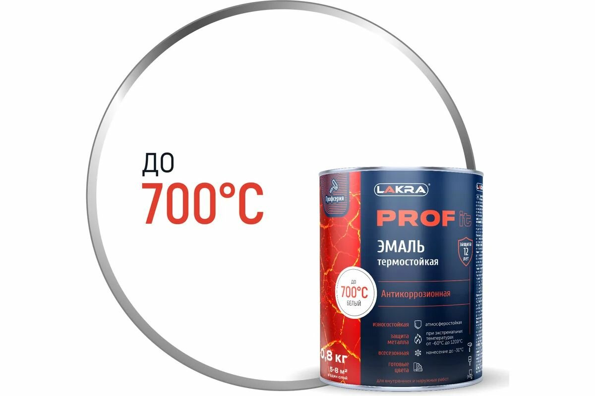 Эмаль термостойкая антикоррозионная Лакра PROF IT до 700С Белый 0,8 кг