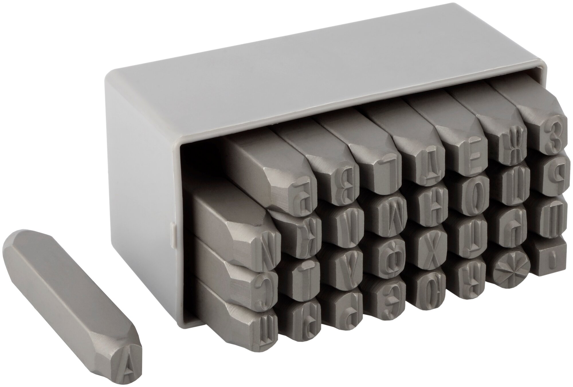 Набор ударных клейм буквенных кириллица 32 символа шрифт-2мм 61х6х6мм 58-62HRC/32штуки