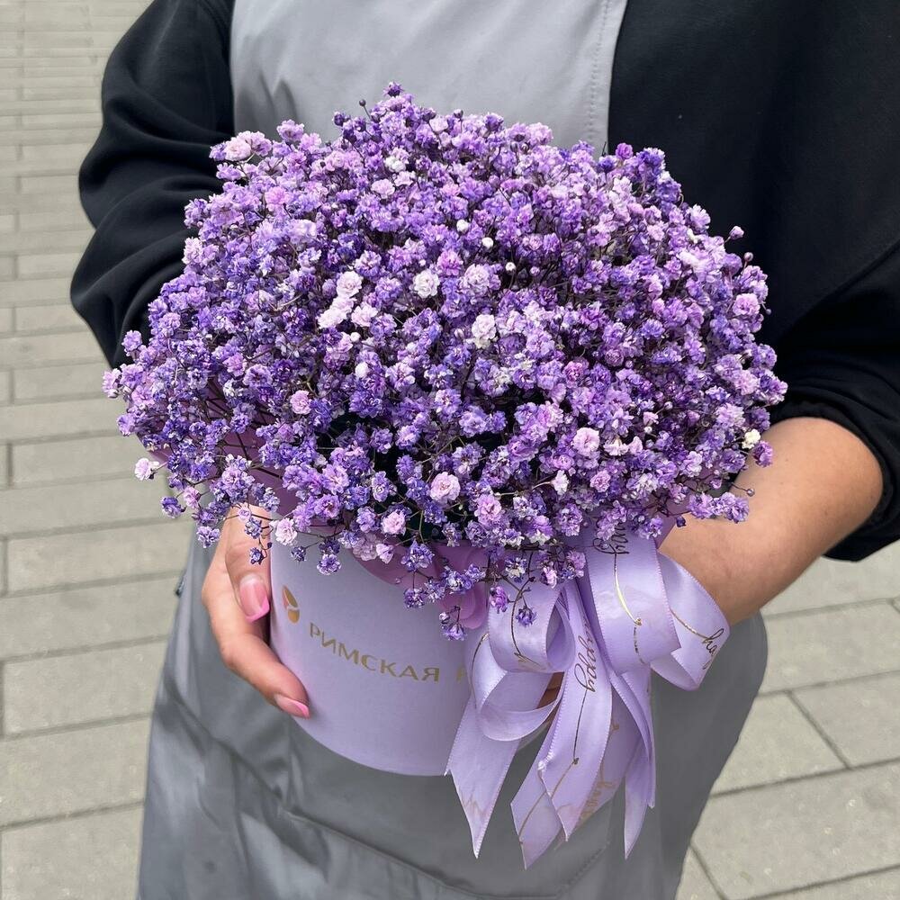 Композиция из лавандовой гипсофилы в круглой коробке, 11 штук - римская роза