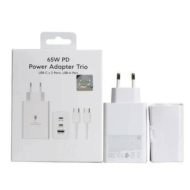 Сетевое Зарядное Устройство Samsung 65W PD adapter trio USB-Cx2 Ports, USB-A port c кабелем Type-C - Type-C White (Белый) Original