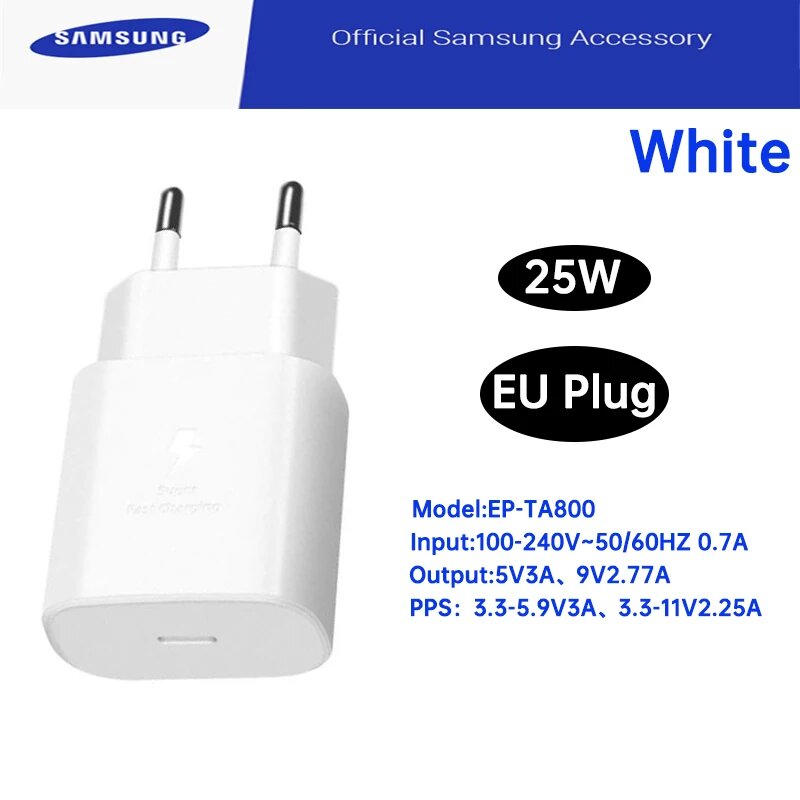 Ep-Ta800 Samsung 25w Pd Supercharger Usbc Charger Adaptador Galaxy S25 S24 FE S23 S22 S21 A54 A34 M54 Type C Кабель для быстрой зарядки White EU Plug, only charger