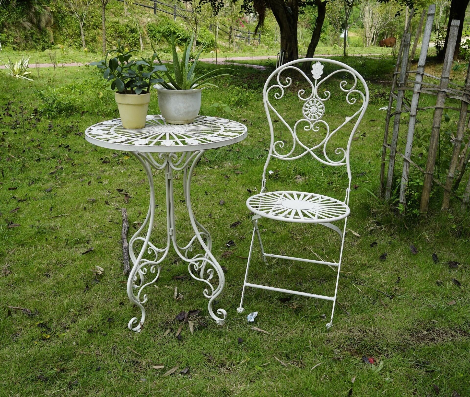Стол и стулья, кованое железо, белый, ретро, круглый, классический, для сада, террасы, балкона