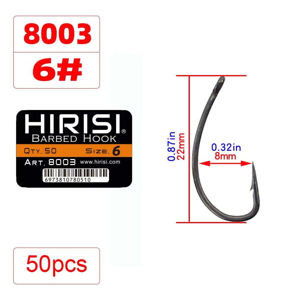 Hirisi Рыболовные крючки с бородкой, Size 6, 50 шт
