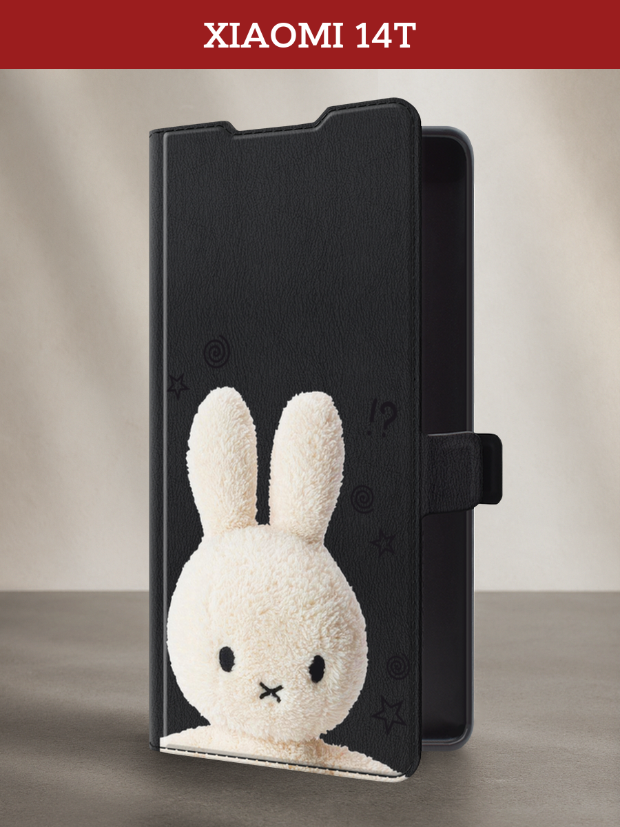 Чехол-книжка на Xiaomi 14T / Сяоми 14Т с принтом Плюшевый зайка, черный