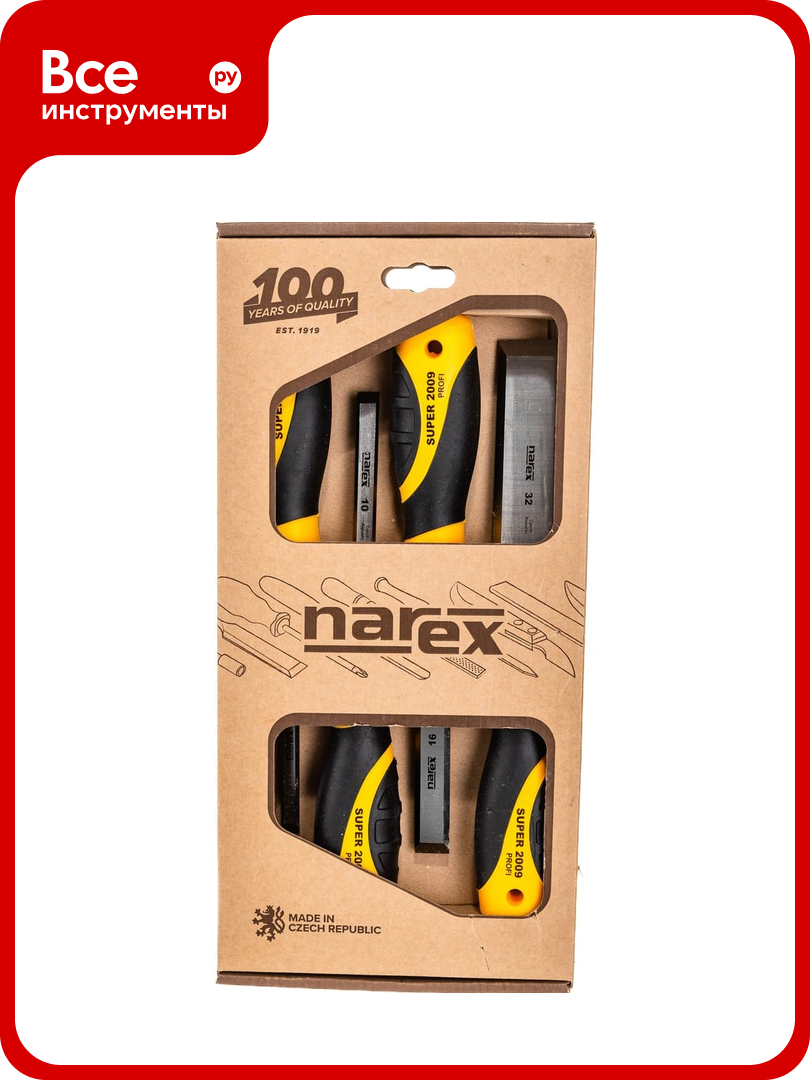 Набор из 4 плоских стамесок с ручкой NAREX SUPER 2009 LINE PROFI 8, 10, 16, 32 мм, 860601