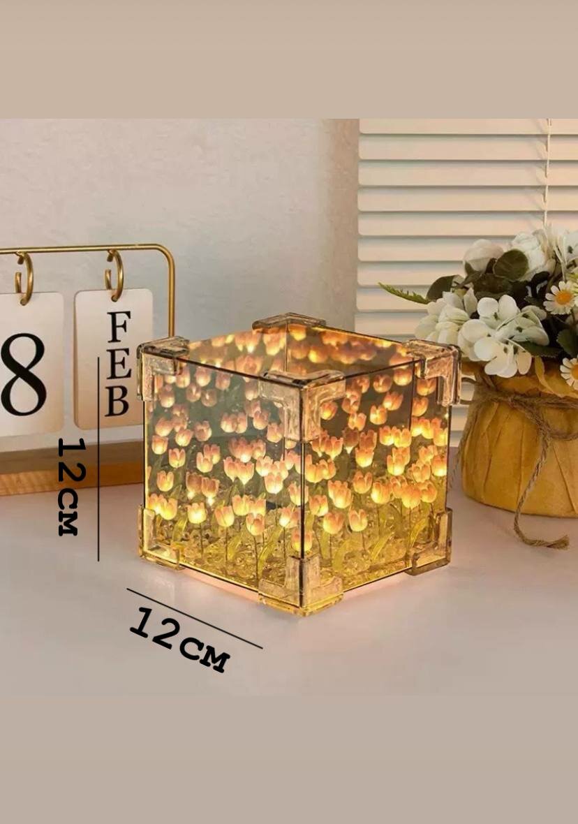Ночник "Зеркальный куб с тюльпанами", пластик, теплый свет, питание от батареек