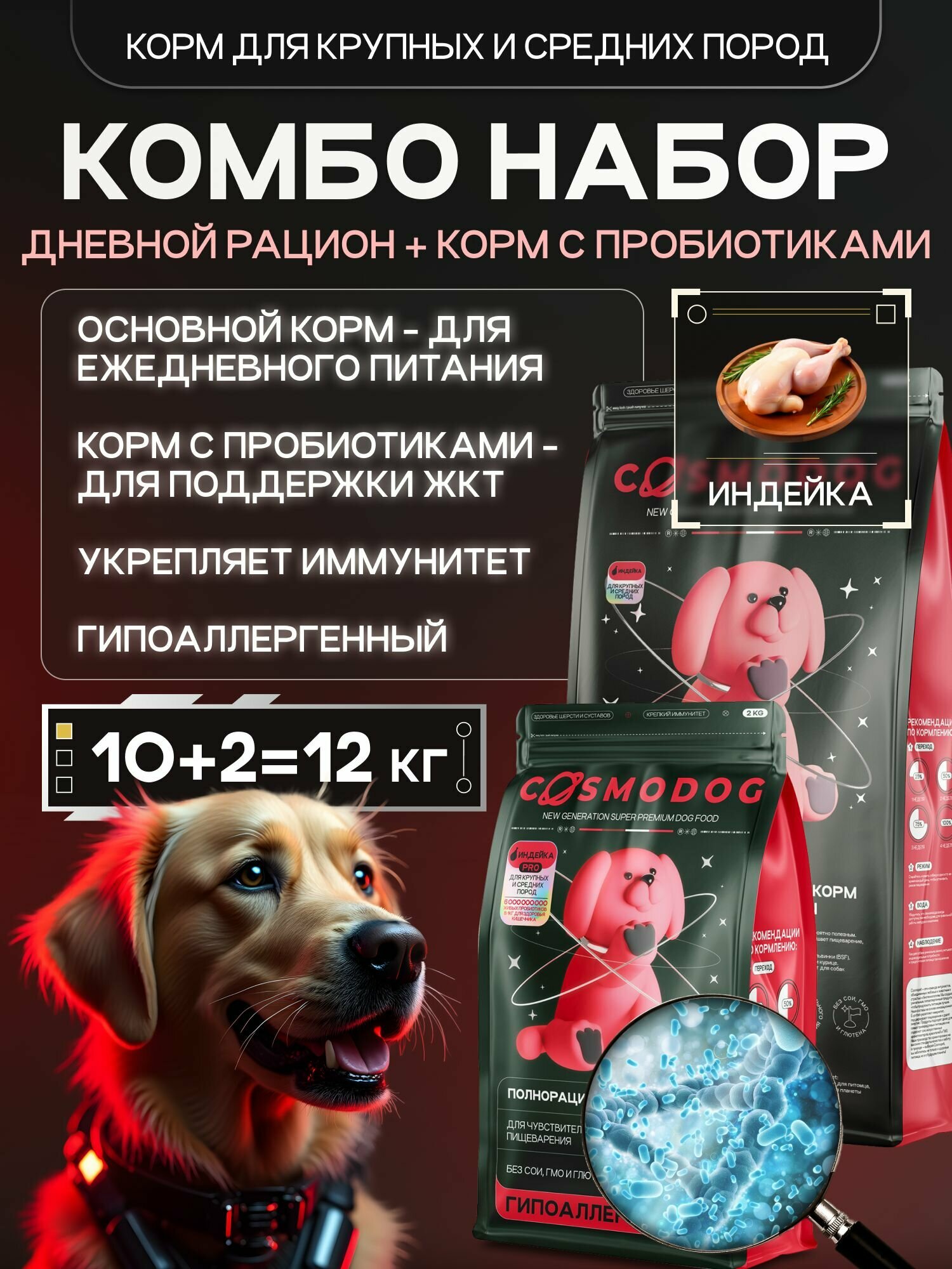 Корм для собак сухой Cosmodog от Cosmopet с индейкой и пробиотиком 12 кг, гипоаллергенный холистик супер премиум-класса для крупных и средних пород