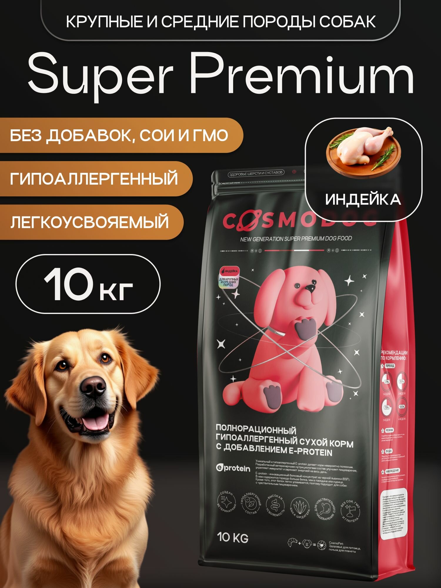 Корм для собак сухой Cosmodog с индейкой 10 кг, гипоаллергенный холистик для крупных и средних пород
