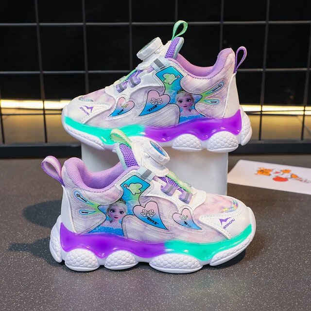 Кроссовки для девочек Disney, весна-осень, принцесса Эльза, вращающиеся кнопки, розовые, фиолетовые, размер 24-37