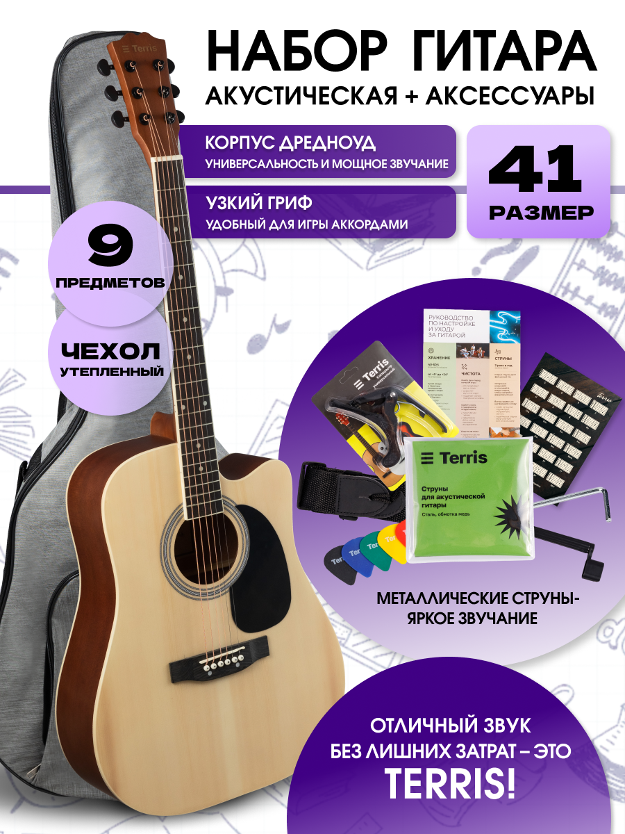 Акустическая гитара TERRIS "Starter Pack" TD-045, цвет бежевый